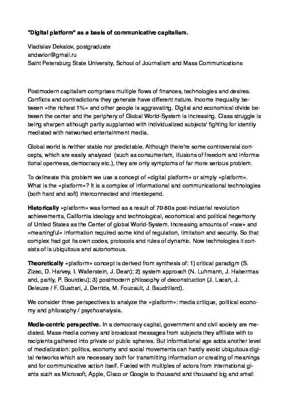 (PDF) "Digital platform" as a basis of communicative capitalism