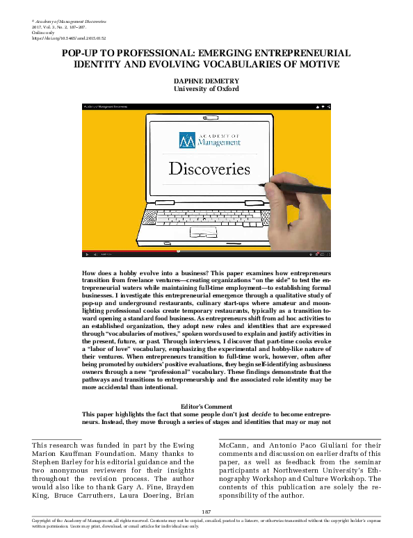 (PDF) POP-UP TO PROFESSIONAL: EMERGING ENTREPRENEURIAL IDENTITY AND ...