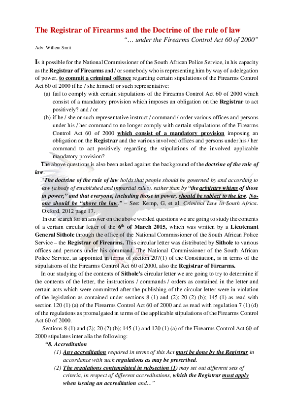 (PDF) The Registrar of Firearms and the Doctrine of the rule of law ...