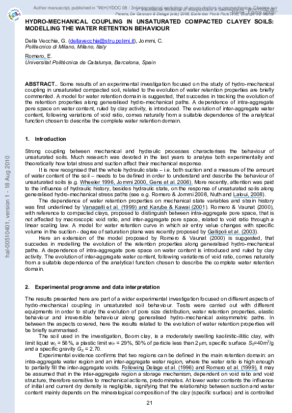 (PDF) Hydro-mechanical coupling in unsaturated compacted clayey soils: modelling the water ...