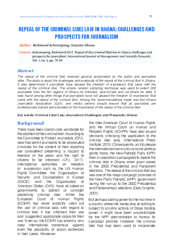 (PDF) REPEAL OF THE CRIMINAL LIBEL LAW IN GHANA; CHALLENGES AND ...