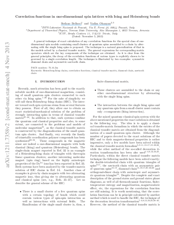 (PDF) Correlation functions in one-dimensional spin lattices with Ising and Heisenberg bonds