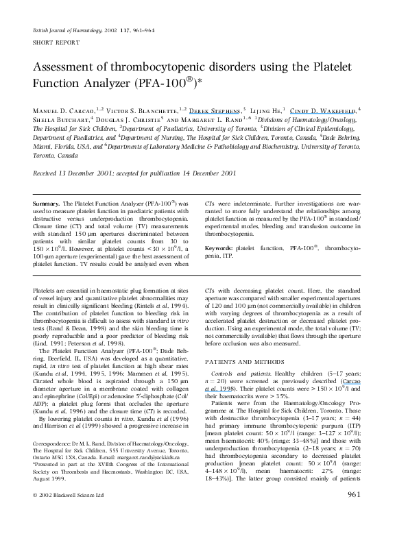 (PDF) Assessment of thrombocytopenic disorders using the Platelet ...