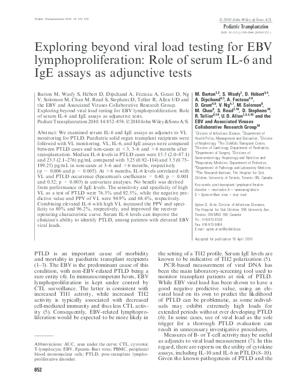 (PDF) Exploring beyond viral load testing for EBV lymphoproliferation ...