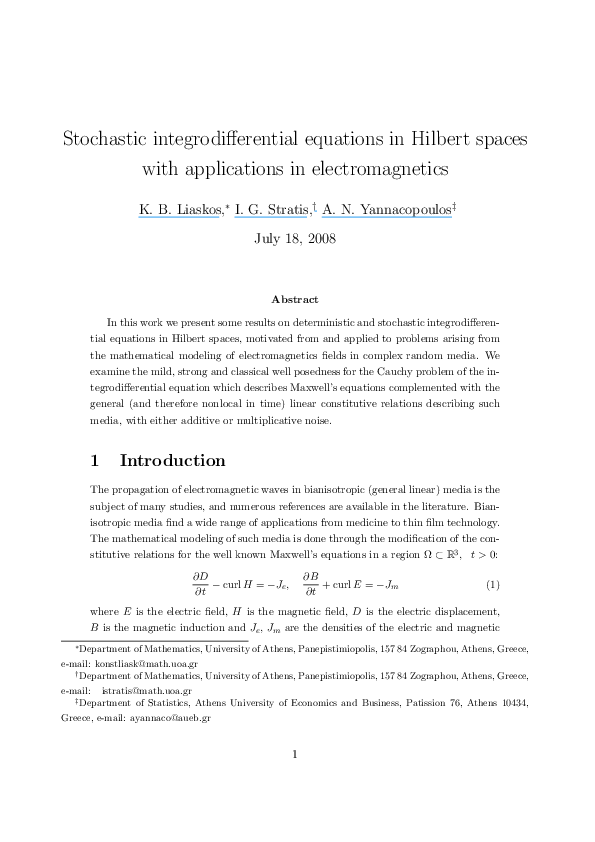 Pdf Stochastic Integrodifferential Equations In Hilbert Spaces With Applications In