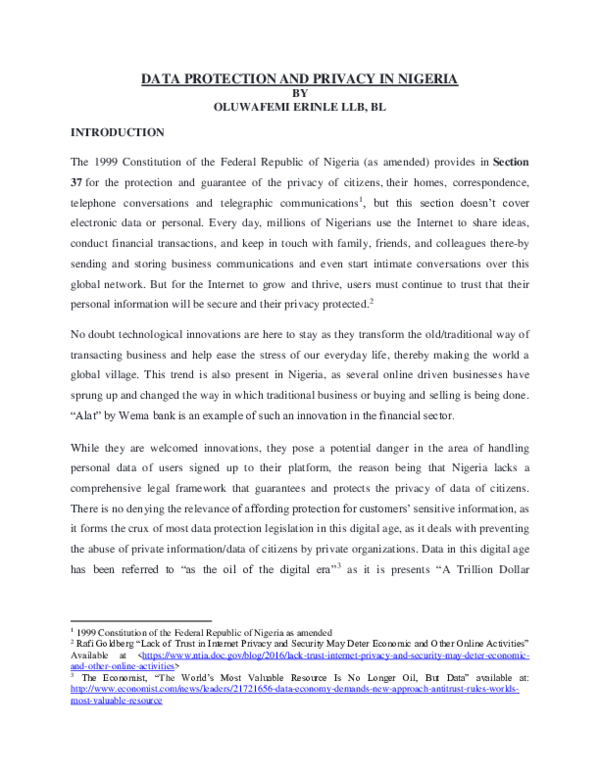Doc Data Protection And Privacy In Nigeria
