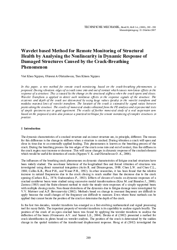 (PDF) Wavelet Based Method for Remote Monitoring of Structural Health by Analysing the ...