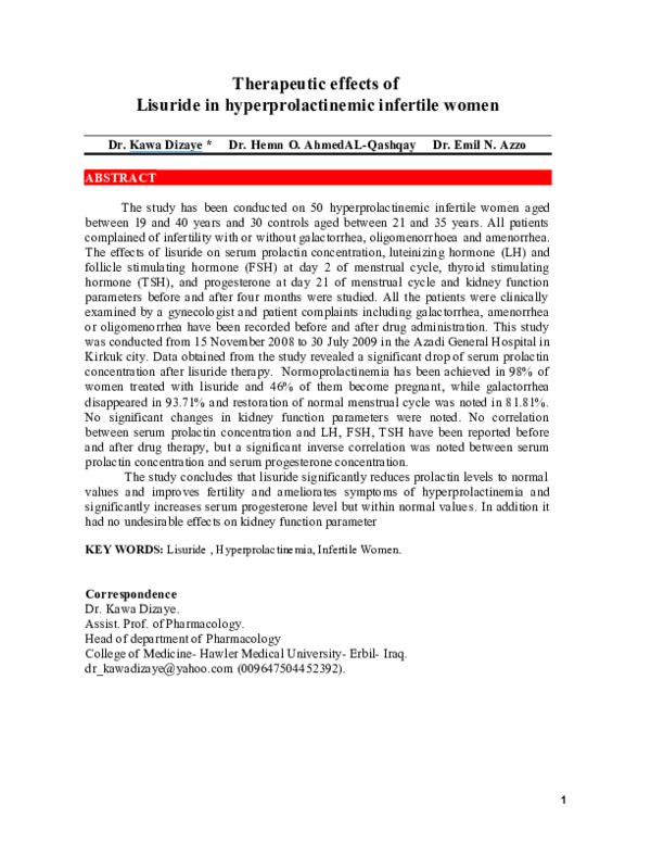 (PDF) Therapeutic effects of Lisuride in hyperprolactinemic infertile women