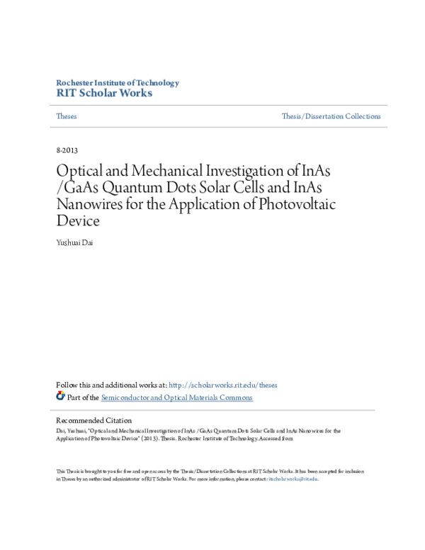 (PDF) Optical and Mechanical Investigation of InAs /GaAs Quantum Dots Solar Cells and InAs ...