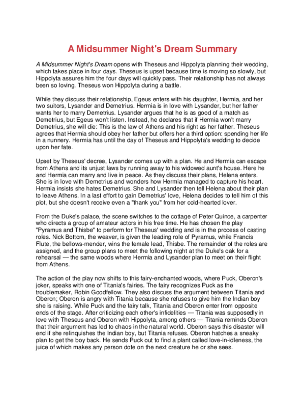 (DOC) A Midsummer Night's Dream Summary