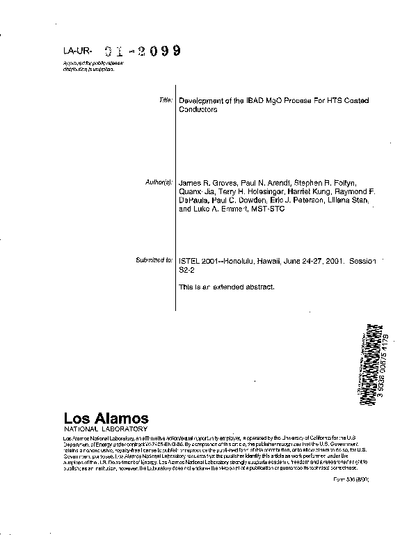 (PDF) Development of the IBAD MgO process for HTS coated conductors