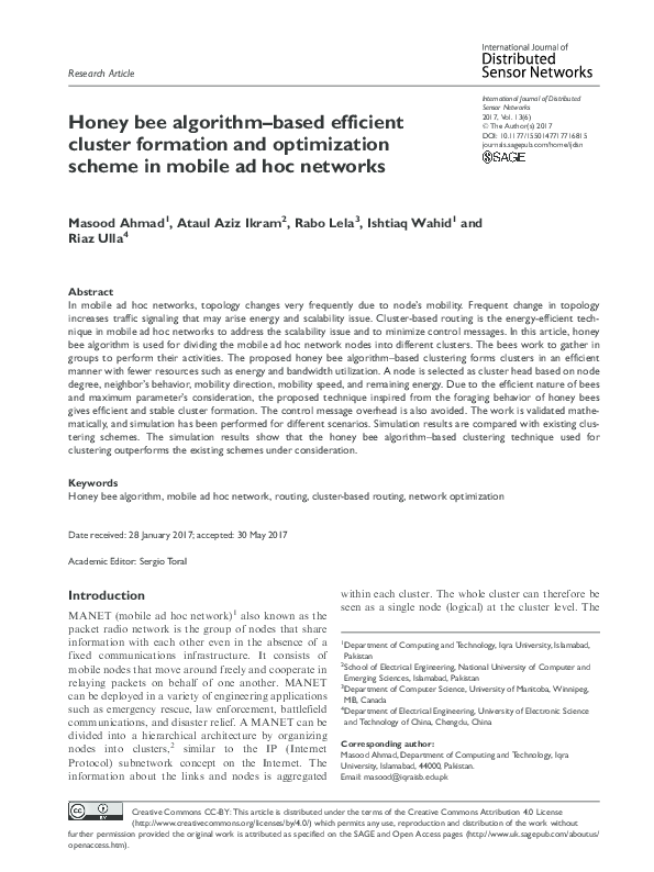 Pdf Honey Bee Algorithm Based Efficient Cluster Formation And Optimization Scheme In Mobile Ad