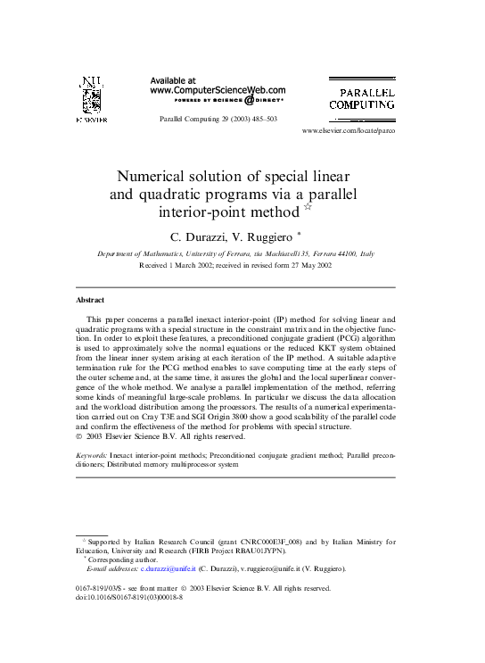 (PDF) Numerical solution of special linear and quadratic programs via a parallel interior-point ...