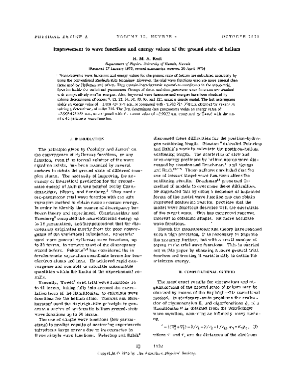 Pdf Improvement To Wave Functions And Energy Values Of The Ground State Of Helium