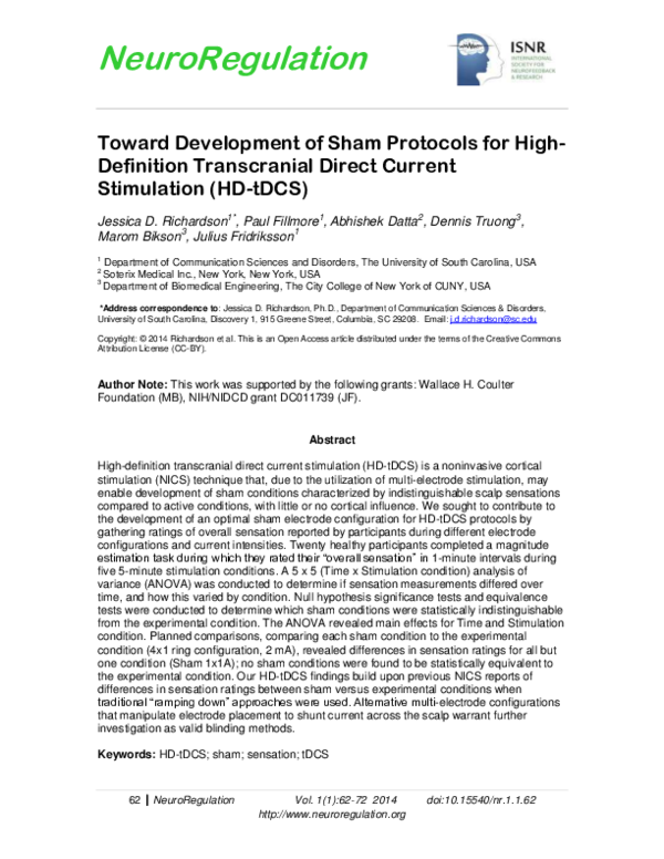 (PDF) Toward Development of Sham Protocols for High-Definition Transcranial Direct Current ...