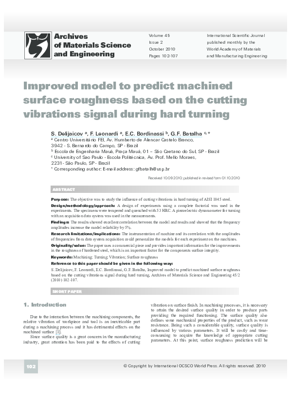 (PDF) Improved model to predict machined surface roughness based on the cutting vibrations ...