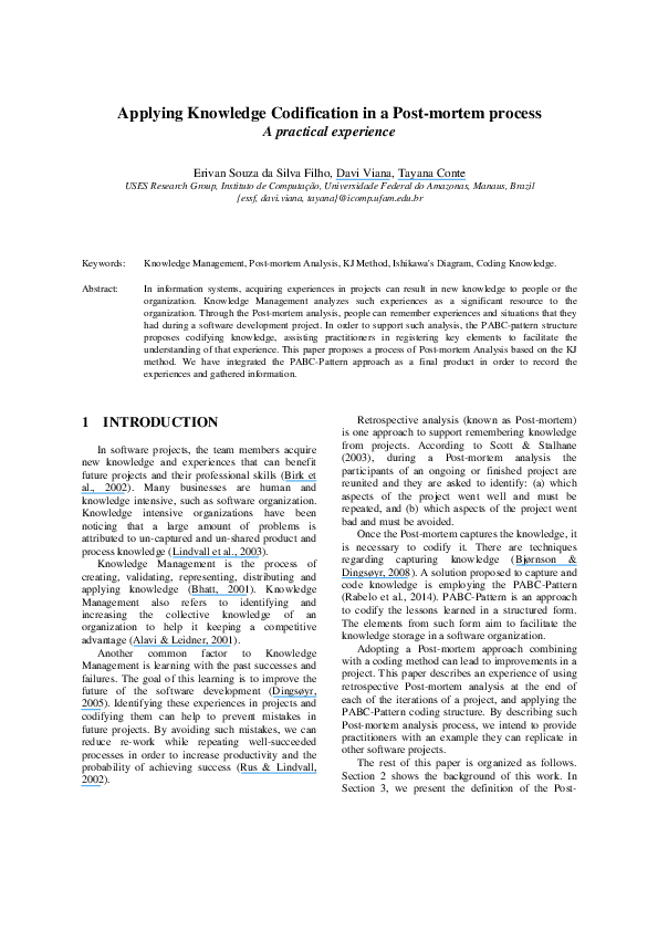Pdf Applying Knowledge Codification In A Post Mortem Process A