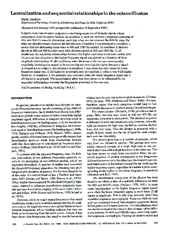 Pdf Lateralization And Sequential Relationships In The Octave Illusion