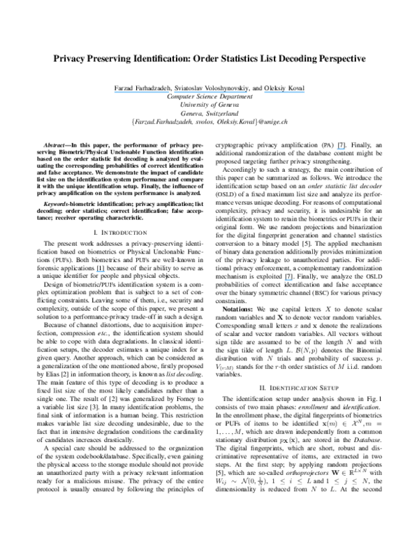 (PDF) Privacy Preserving Identification: Order Statistics List Decoding Perspective