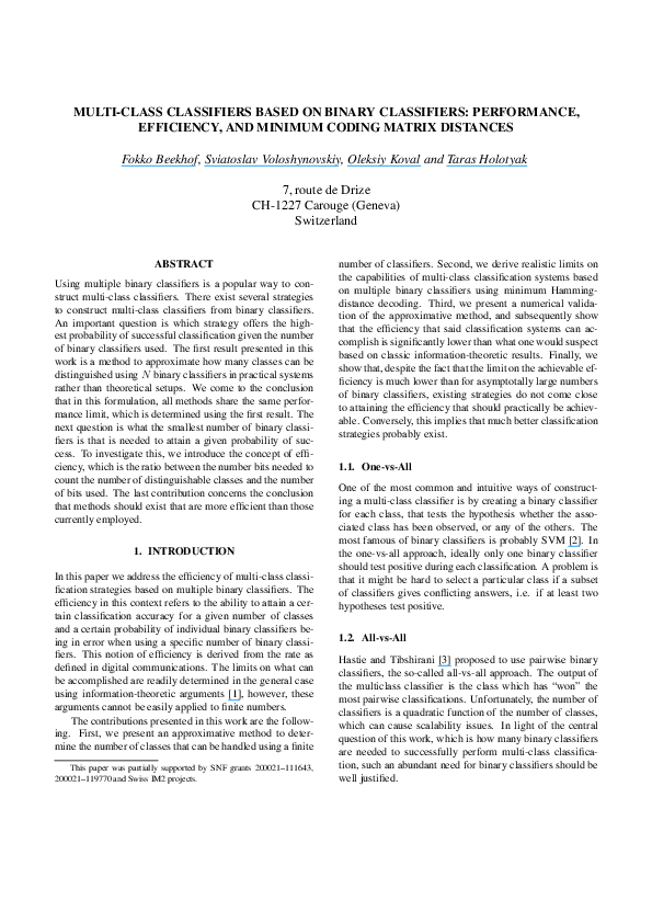 (PDF) Multi-class classifiers based on binary classifiers: Performance, efficiency, and minimum ...
