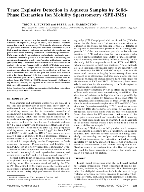 Pdf Trace Explosive Detection In Aqueous Samples By Solid Phase Extraction Ion Mobility