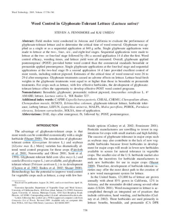 (PDF) Weed Control in Glyphosate-Tolerant Lettuce (Lactuca sativa) 1