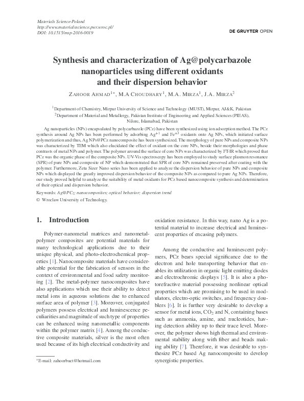 (PDF) Synthesis and characterization of Ag@polycarbazole nanoparticles ...