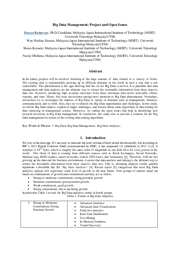 (PDF) Big data management: project and open issues