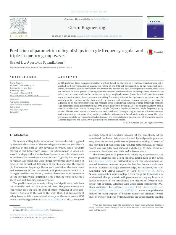(PDF) Prediction of parametric rolling of ships in single frequency regular and triple frequency ...