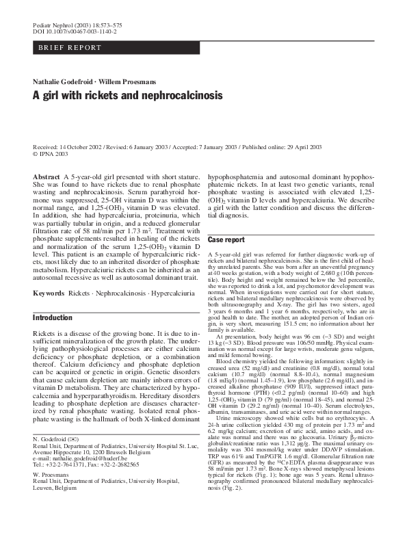 (PDF) A girl with rickets and nephrocalcinosis