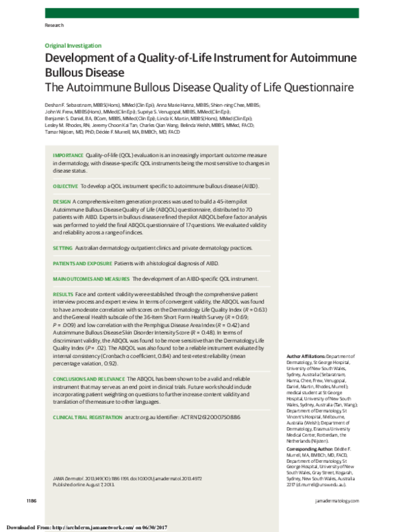 (PDF) Reliability of the autoimmune bullous disease quality of life (ABQOL) questionnaire in the ...