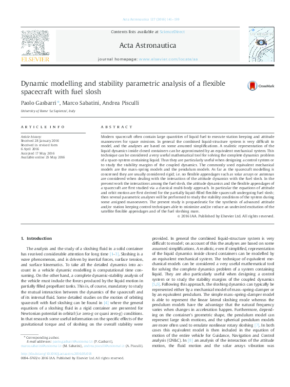 (PDF) DYNAMIC MODELLING AND STABILITY PARAMETRIC ANALYSIS OF A FLEXIBLE SPACECRAFT WITH FUEL SLOSH