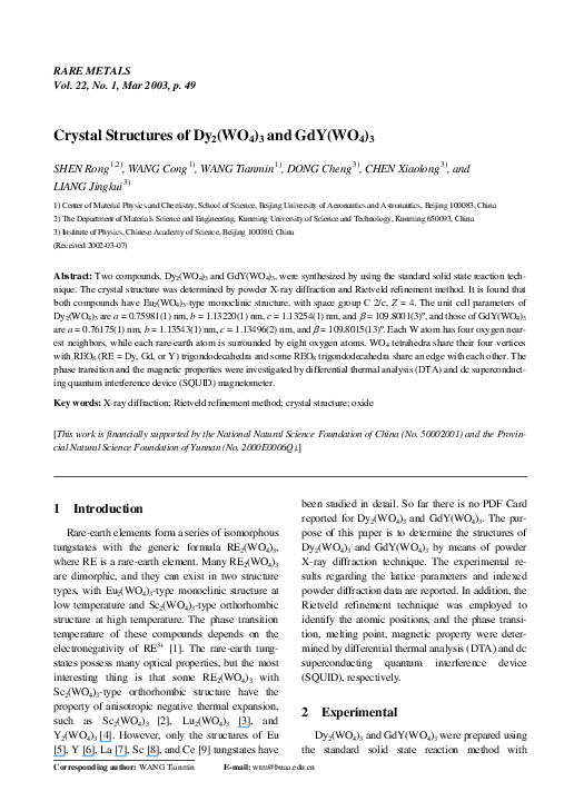 (PDF) Crystal structures of Dy-2(WO4)(3) and GdY(WO4)(3) | Cheng Dong ...