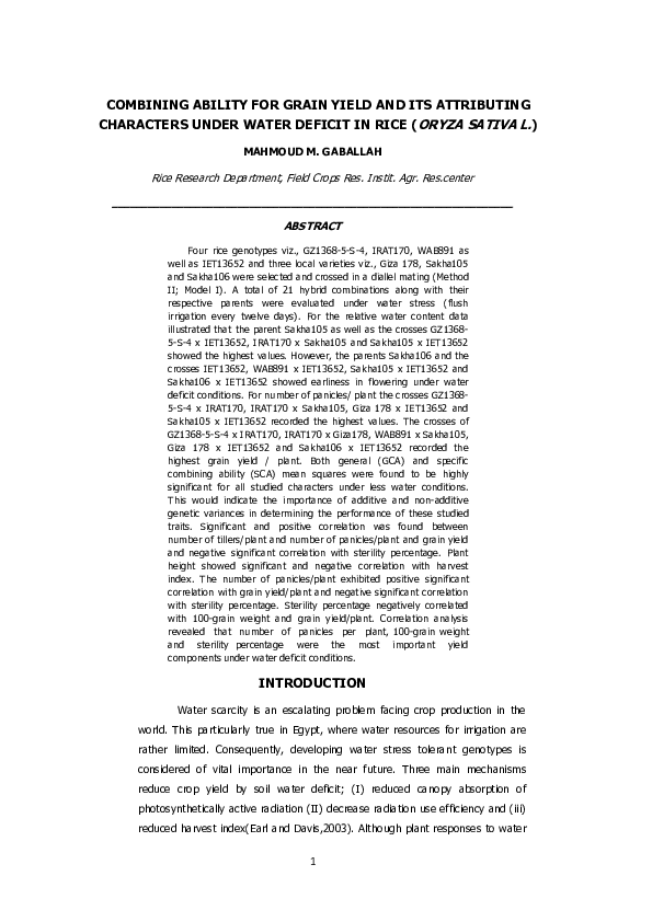 Pdf Combining Ability For Grain Yield And Its Attributing Characters