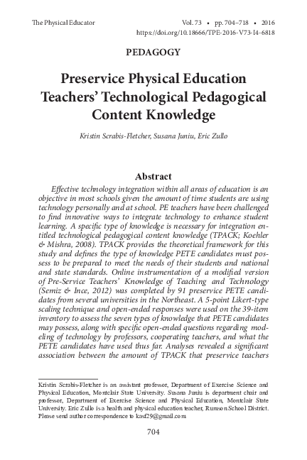 Preservice Physical Education Teachers' Technological Pedagogical ...