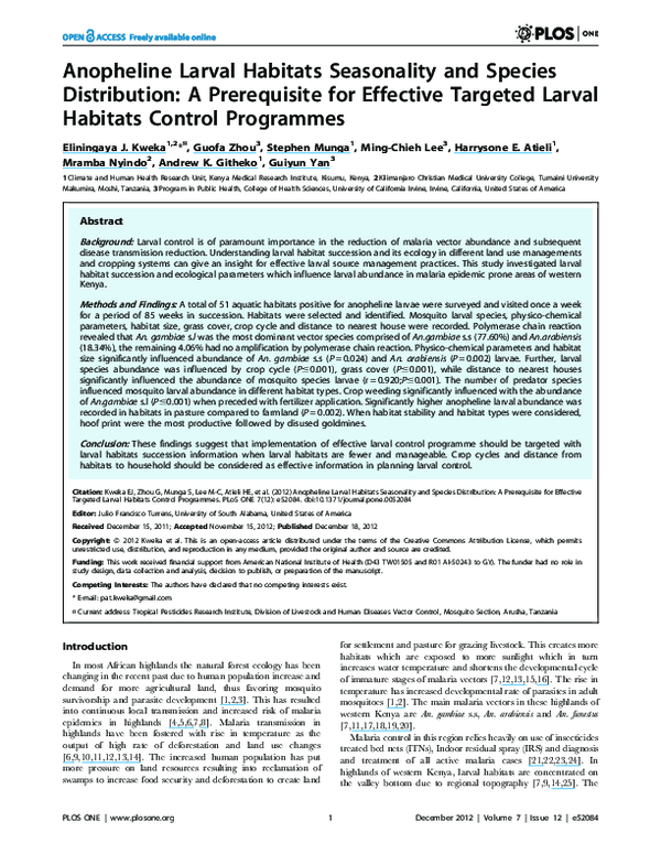 (PDF) Anopheline Larval Habitats Seasonality and Species Distribution: A Prerequisite for ...