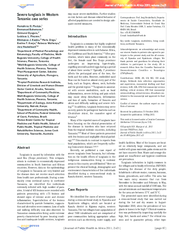 (PDF) Jigger flea infestation (tungiasis) in rural western Tanzania ...