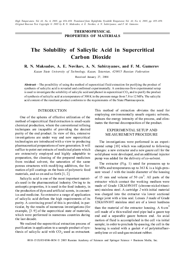 (PDF) The Solubility of Salicylic Acid in Supercritical Carbon Dioxide