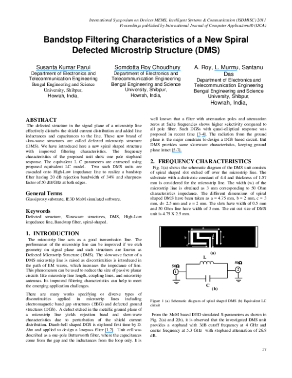 Pdf Bandstop Filtering Characteristics Of A New Spiral Defected Microstrip Structure Dms