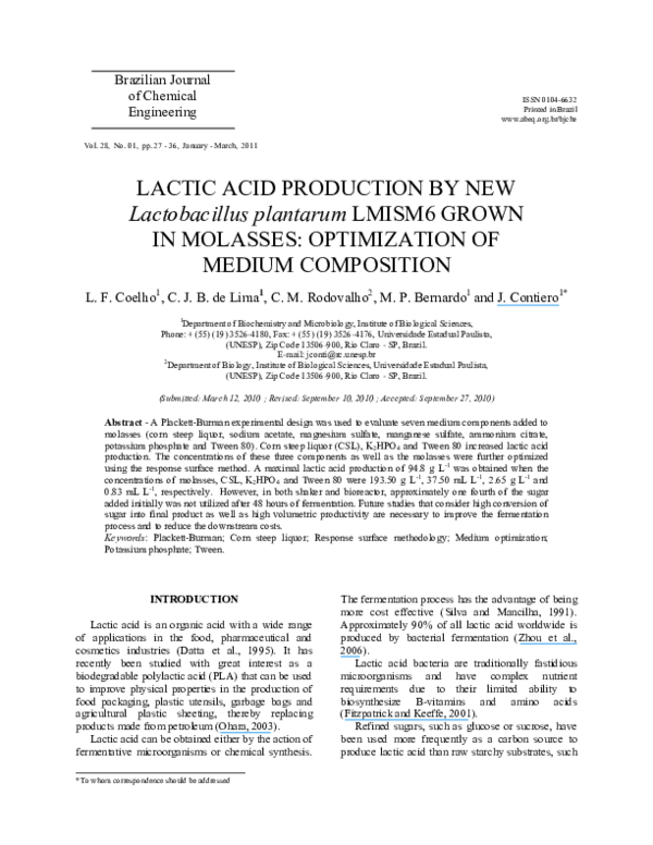 (PDF) Optimization of lactic acid production from beet molasses by ...