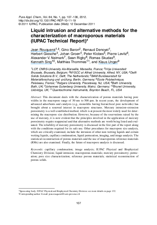 (PDF) IUPAC Technical Report, Recommendations for the Characterization of Porous Solids | David ...