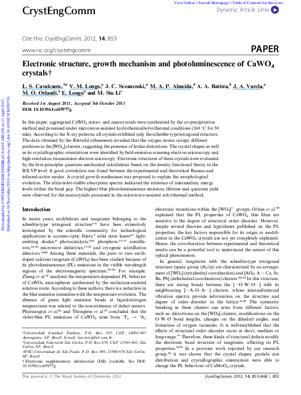 (PDF) Electronic structure, growth mechanism and photoluminescence of CaWO4 crystals