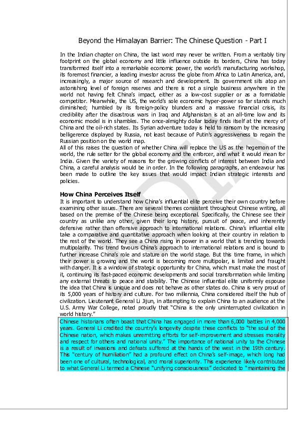 (DOC) Beyond The Himalayan Barrier: The Chinese Question – Analysis