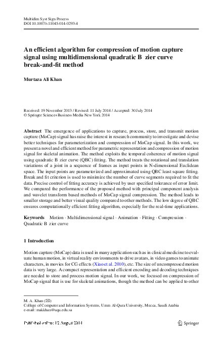 (PDF) An efficient algorithm for compression of motion capture signal using multidimensional ...