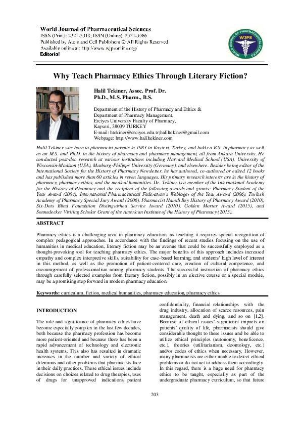 (PDF) Tekiner, Halil. Why teach pharmacy ethics through literary ...