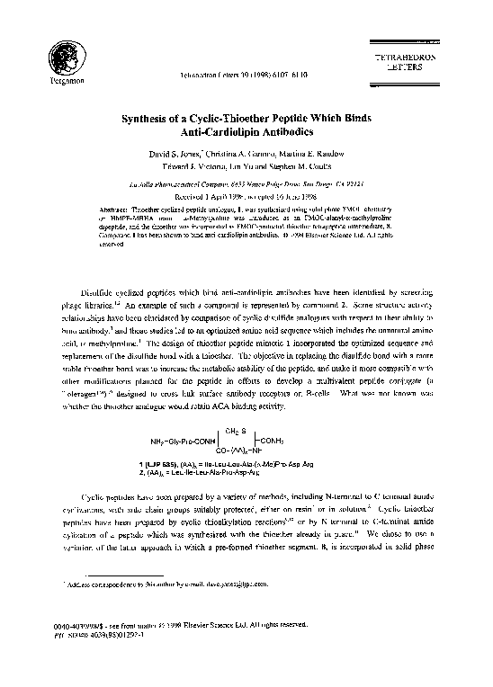 (PDF) Synthesis of a cyclic-thioether peptide which binds anti ...