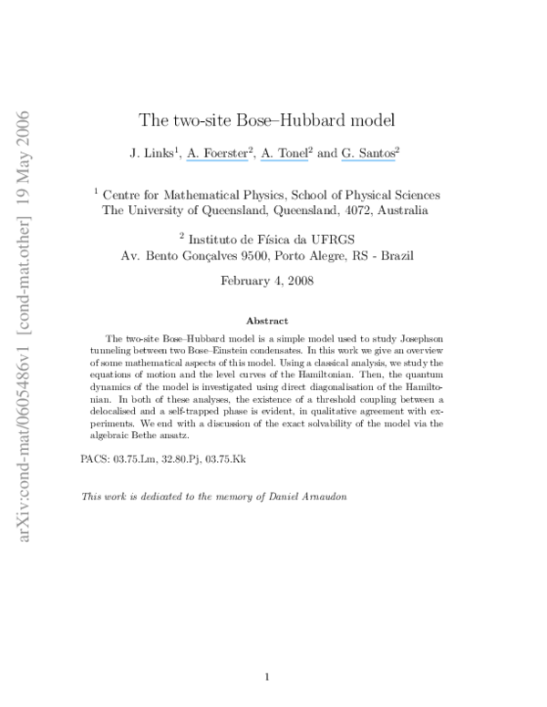 (PDF) The Two-Site Bose–Hubbard Model