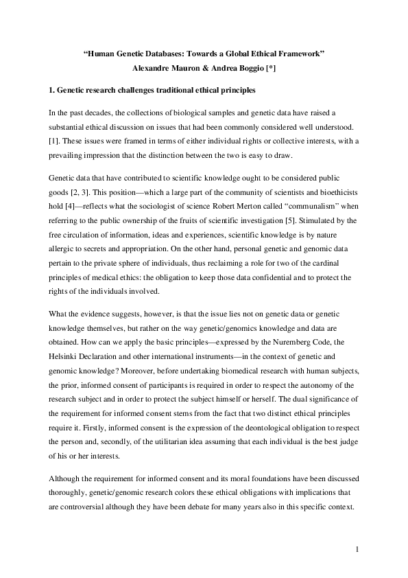 (PDF) Human genetic databases: towards a global ethical framework ...