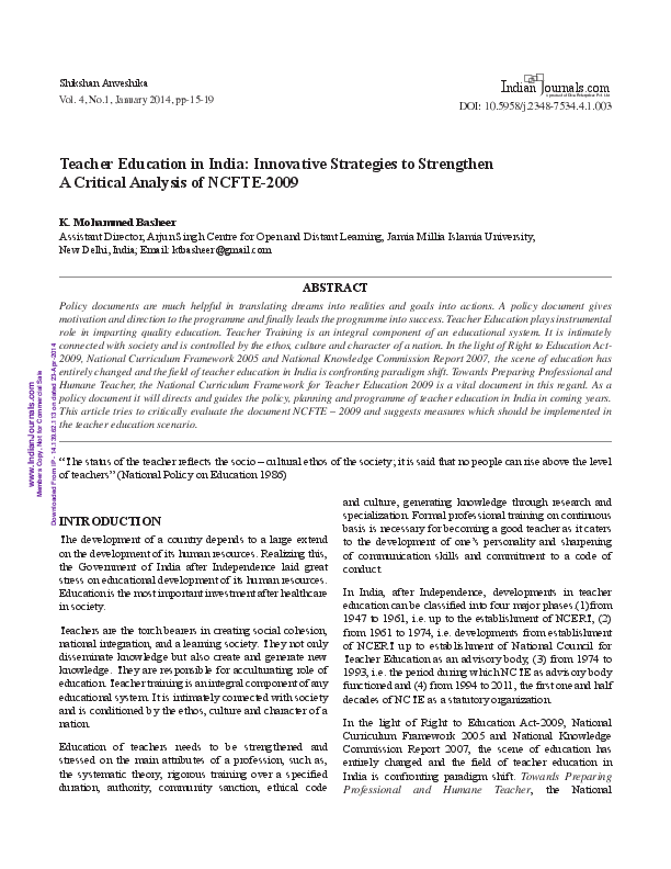 (PDF) Teacher Education in India: Innovative Strategies to Strengthen A Critical Analysis of ...