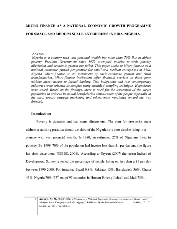 (PDF) MICRO-FINANCE AS A NATIONAL ECONOMIC GROWTH PROGRAMME FOR SMALL AND MEDIUM SCALE ...